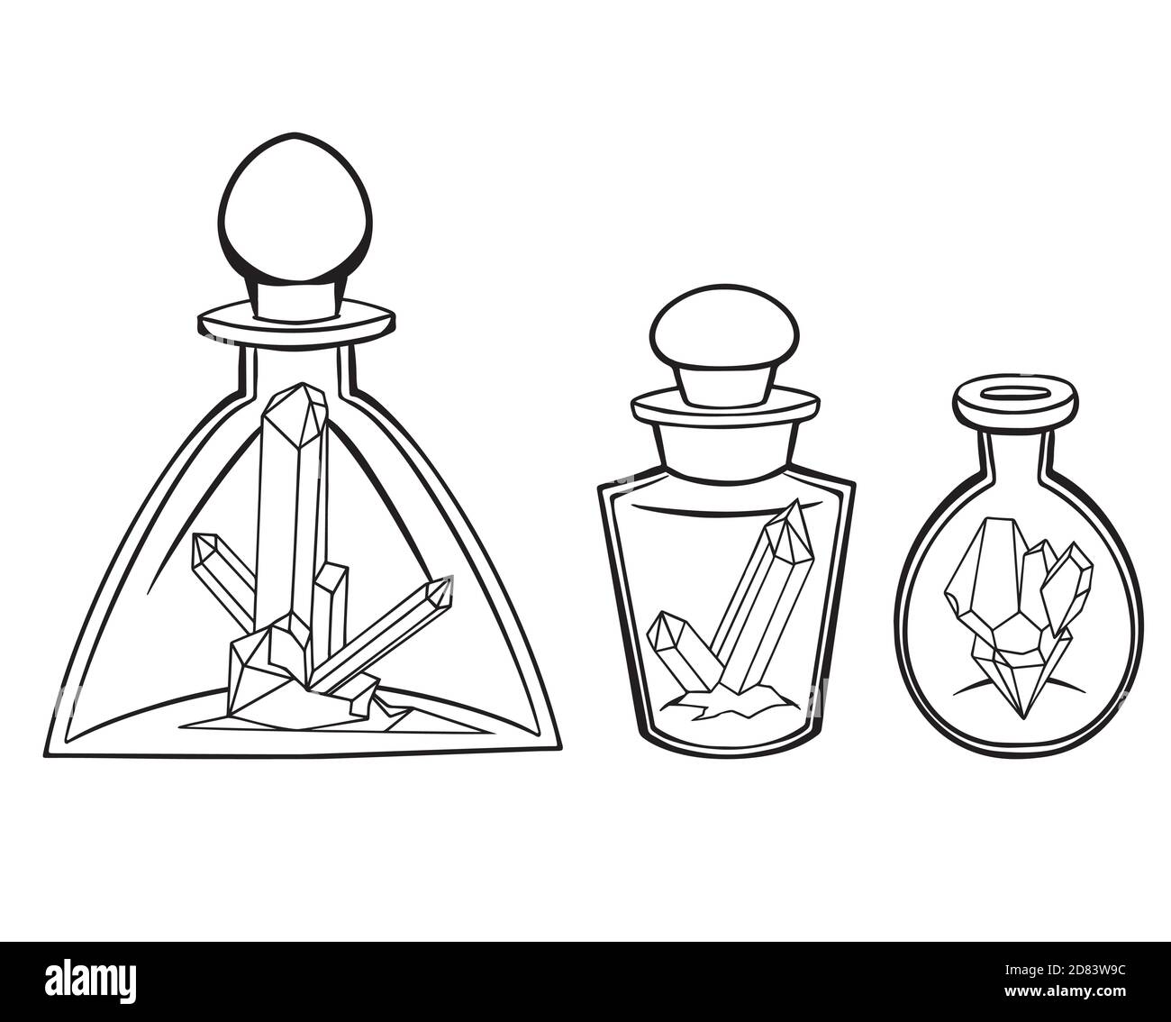 Set of various magic glass bottles and flasks with precious stones ...