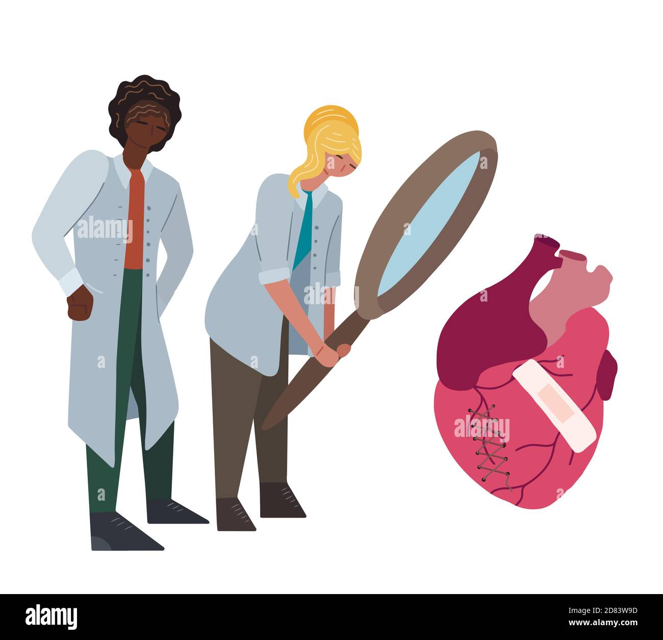 Flat illustration of a couple of international doctors studying the ill ...