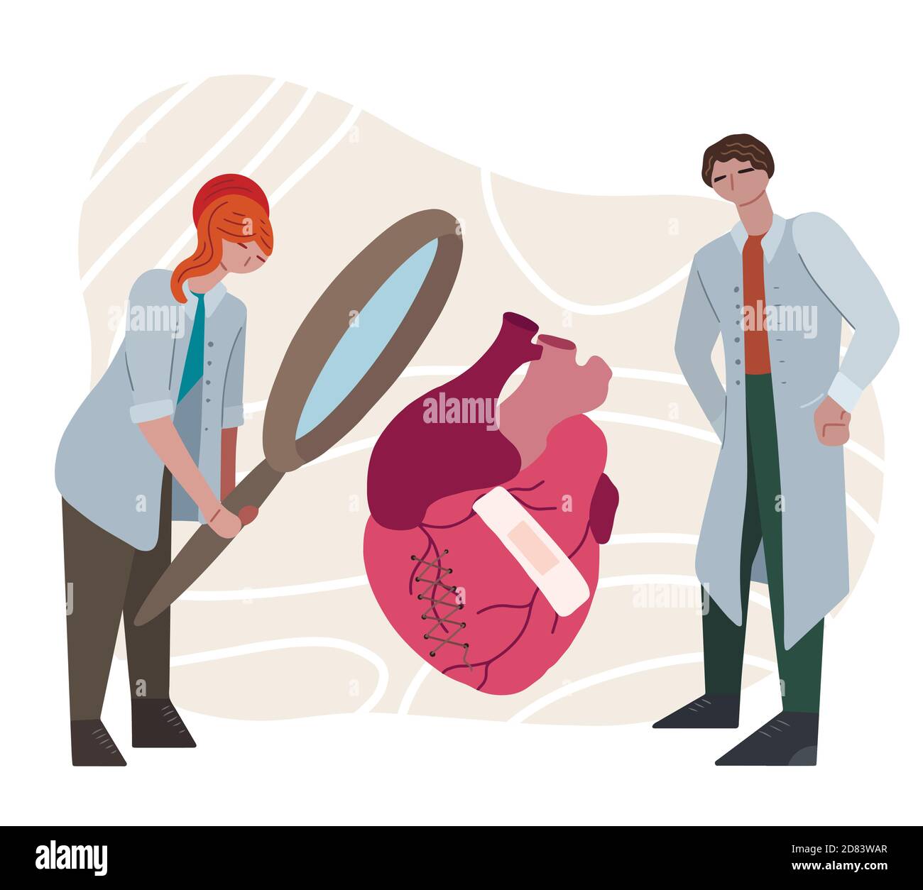 Flat illustration of a couple of doctors examining a diseased heart ...