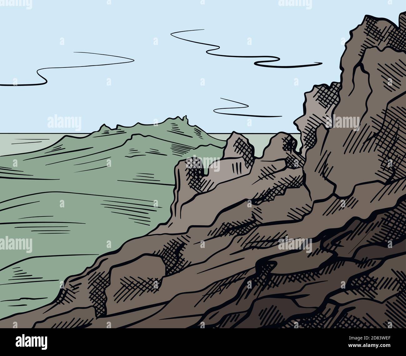 Natural engraving colorful sketch of mountains with fields. Landscapes ...