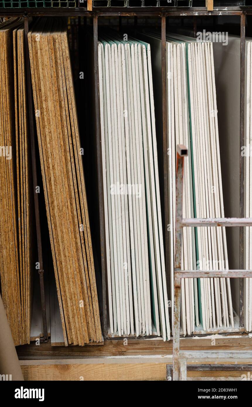 Street warehouse of a small construction store. Various construction ...
