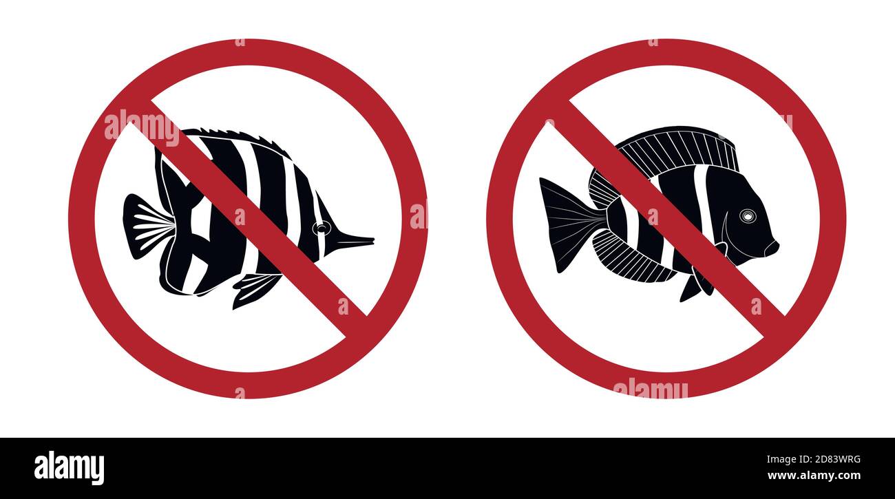 Set of black silhouette of tropical fish in the prohibition sign ...