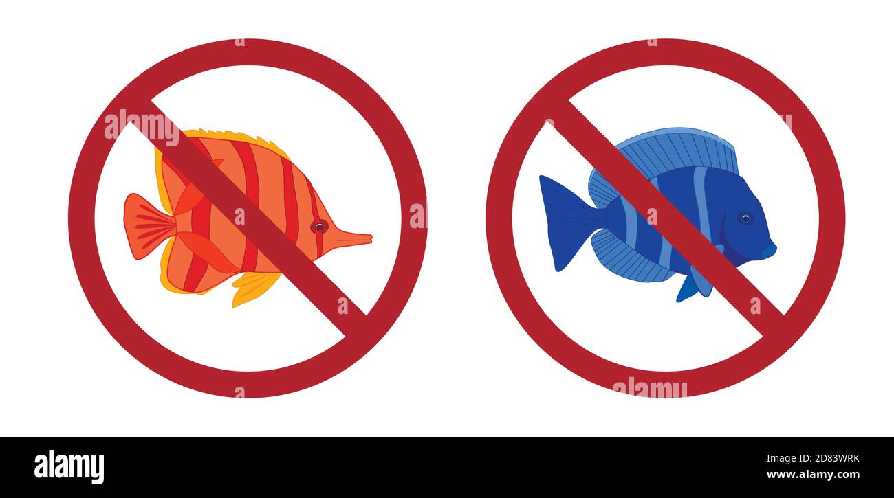 Set of tropical fish in the prohibition sign. Fishing ban. Danger of ...