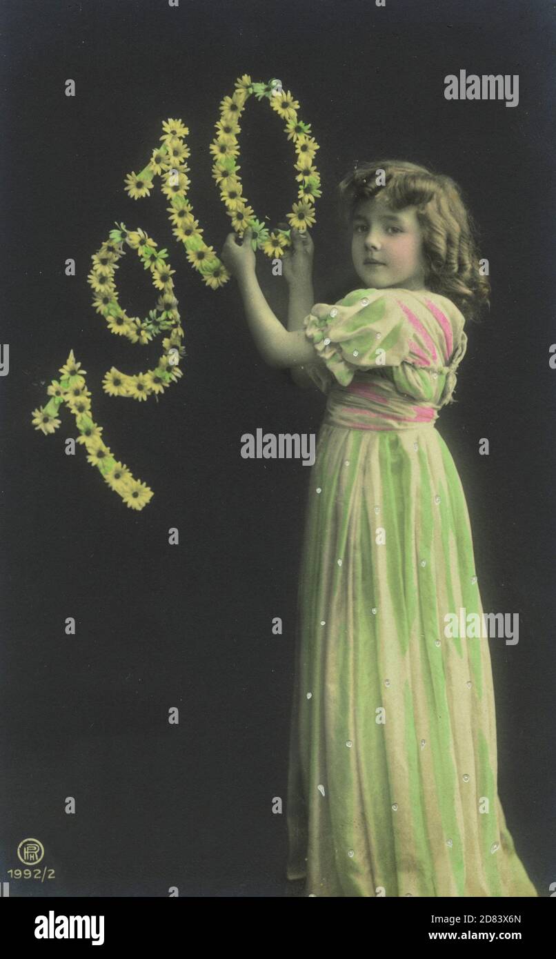 Vintage Postcard. Bonne Annee (Happy New Year) 1910 - young girl with ...