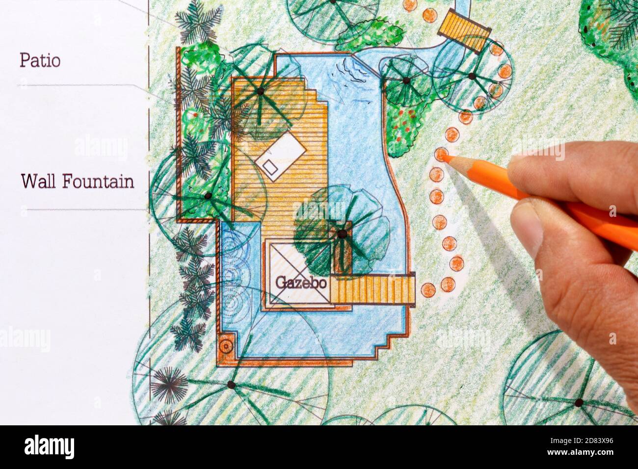 Landscape Architect design water garden plans for backyard Stock Photo ...