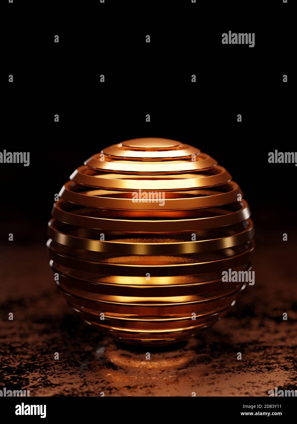 3d futuristic banded copper sphere in dark science fiction environment ...
