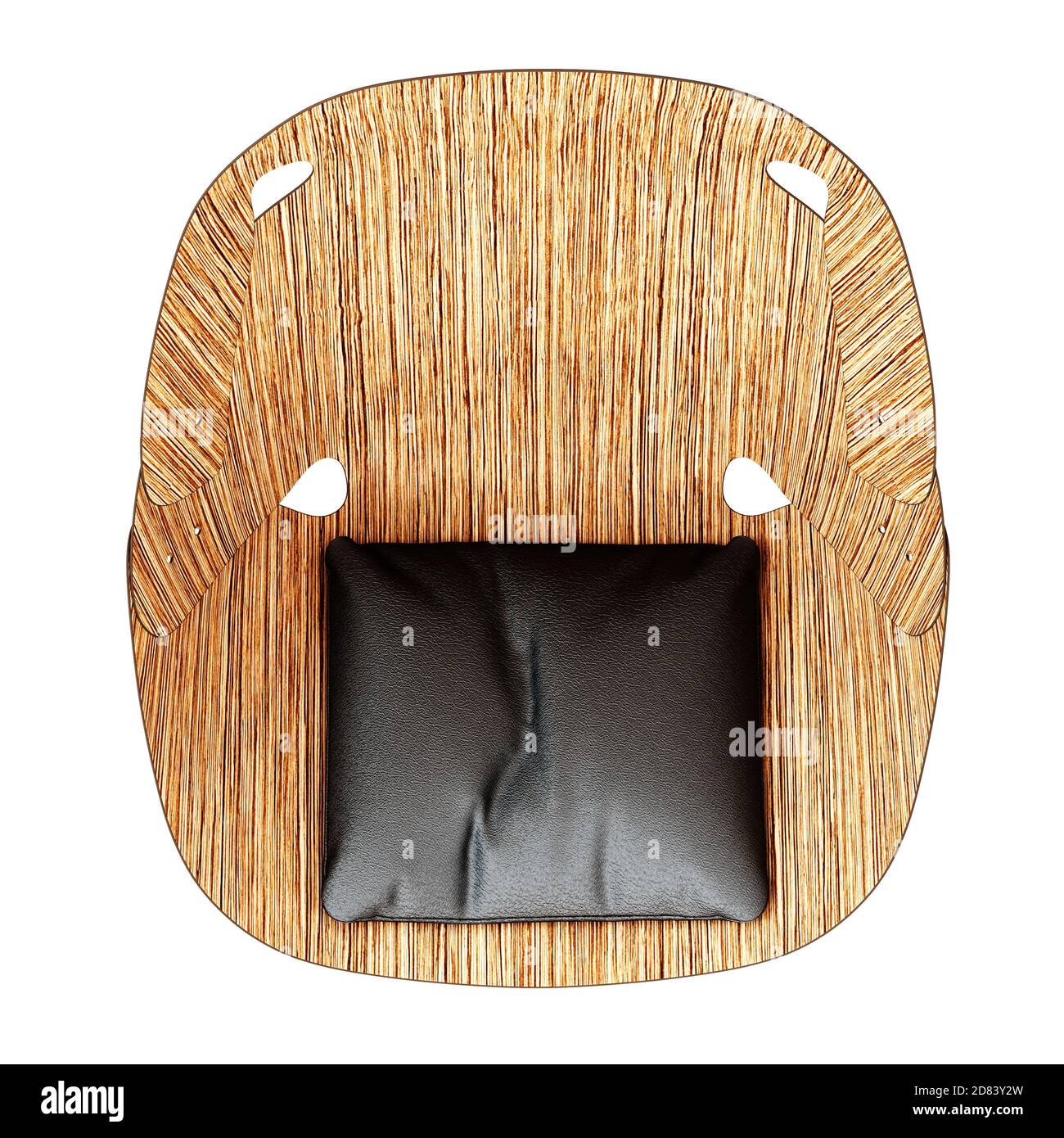 A chair made of thin sheets of wood and a black pillow on the seat top ...