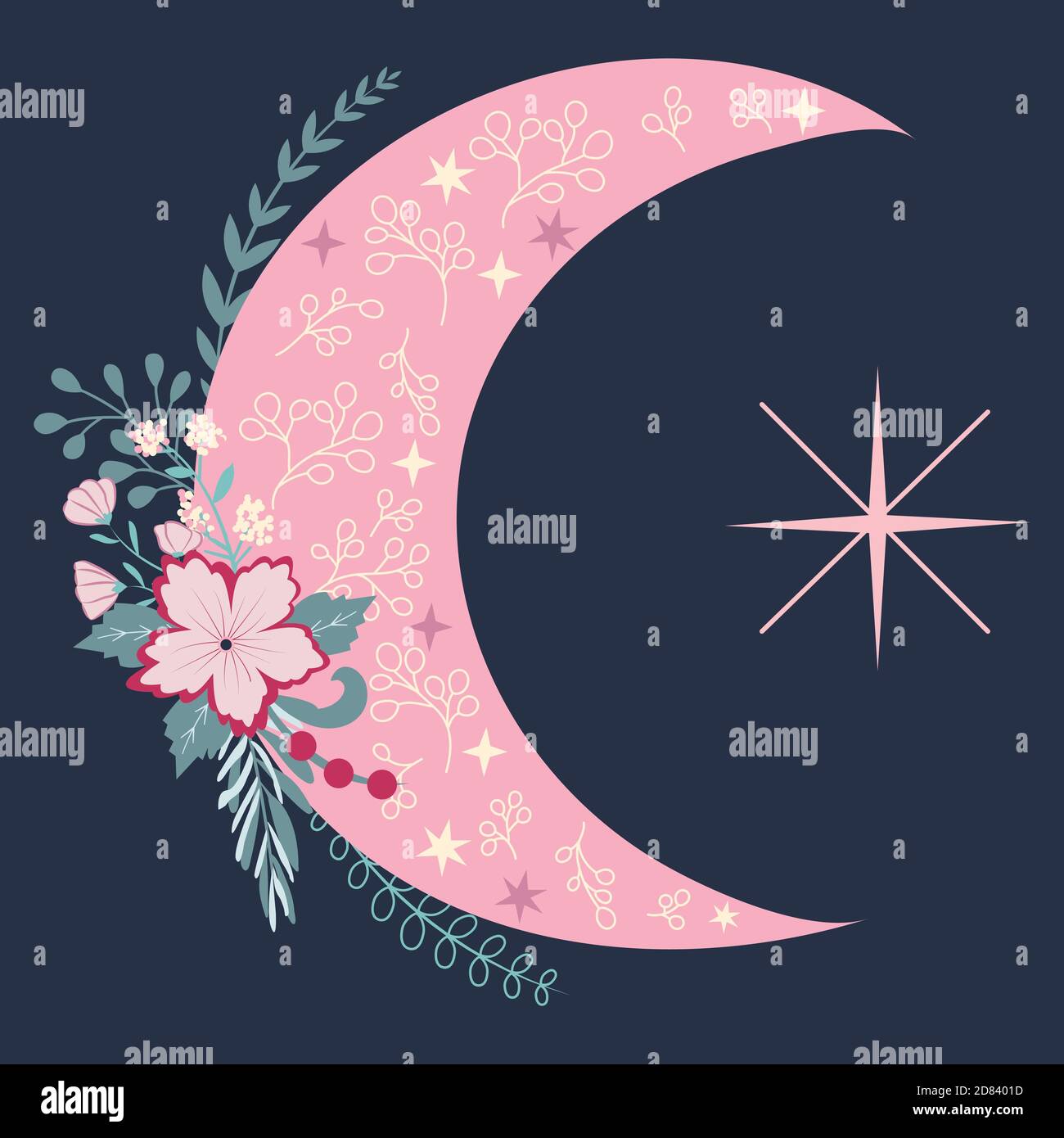 Celestial card with moon and flowers Stock Vector Image & Art - Alamy