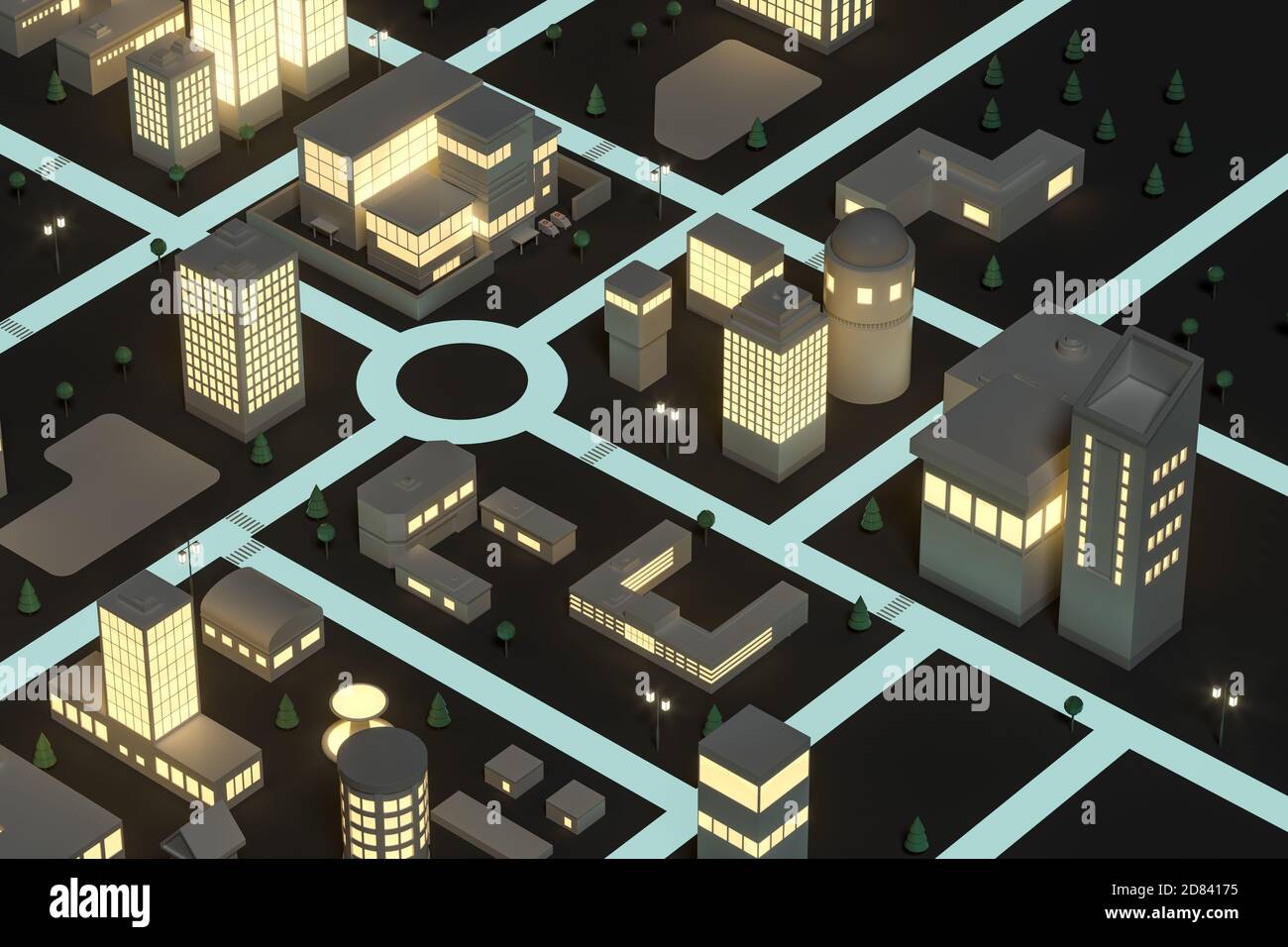 Downtown building at night, simulation city, 3d rendering. Computer ...