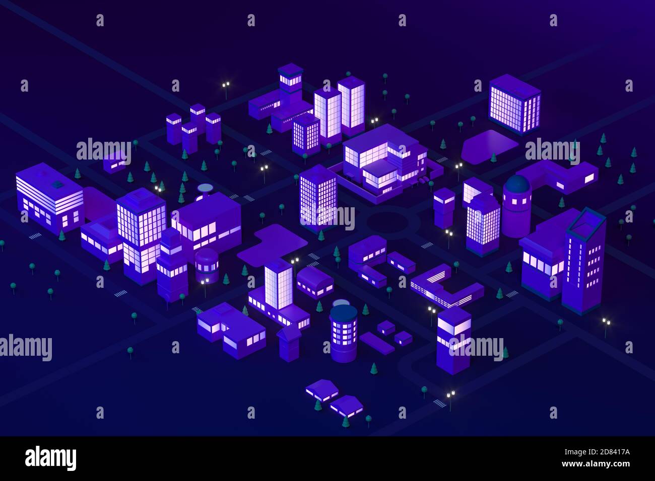 Downtown building at night, simulation city, 3d rendering. Computer ...