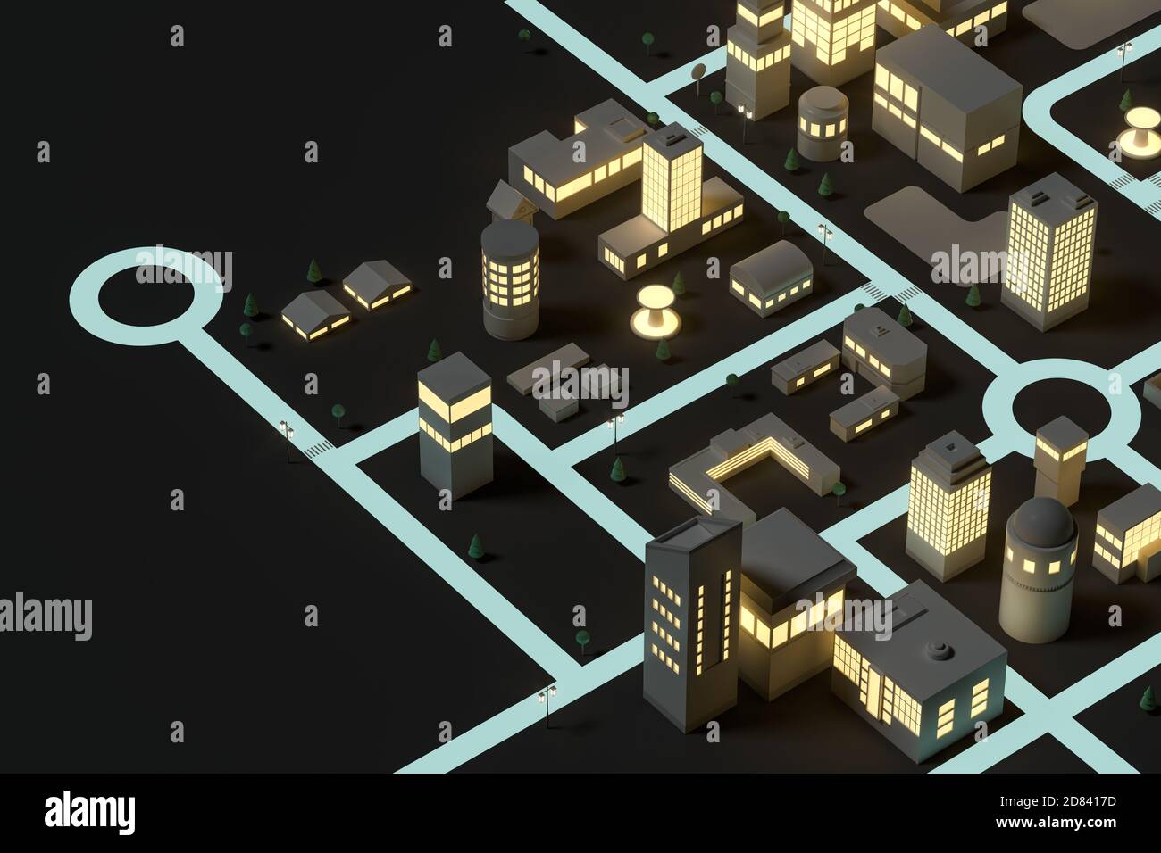 Downtown building at night, simulation city, 3d rendering. Computer ...