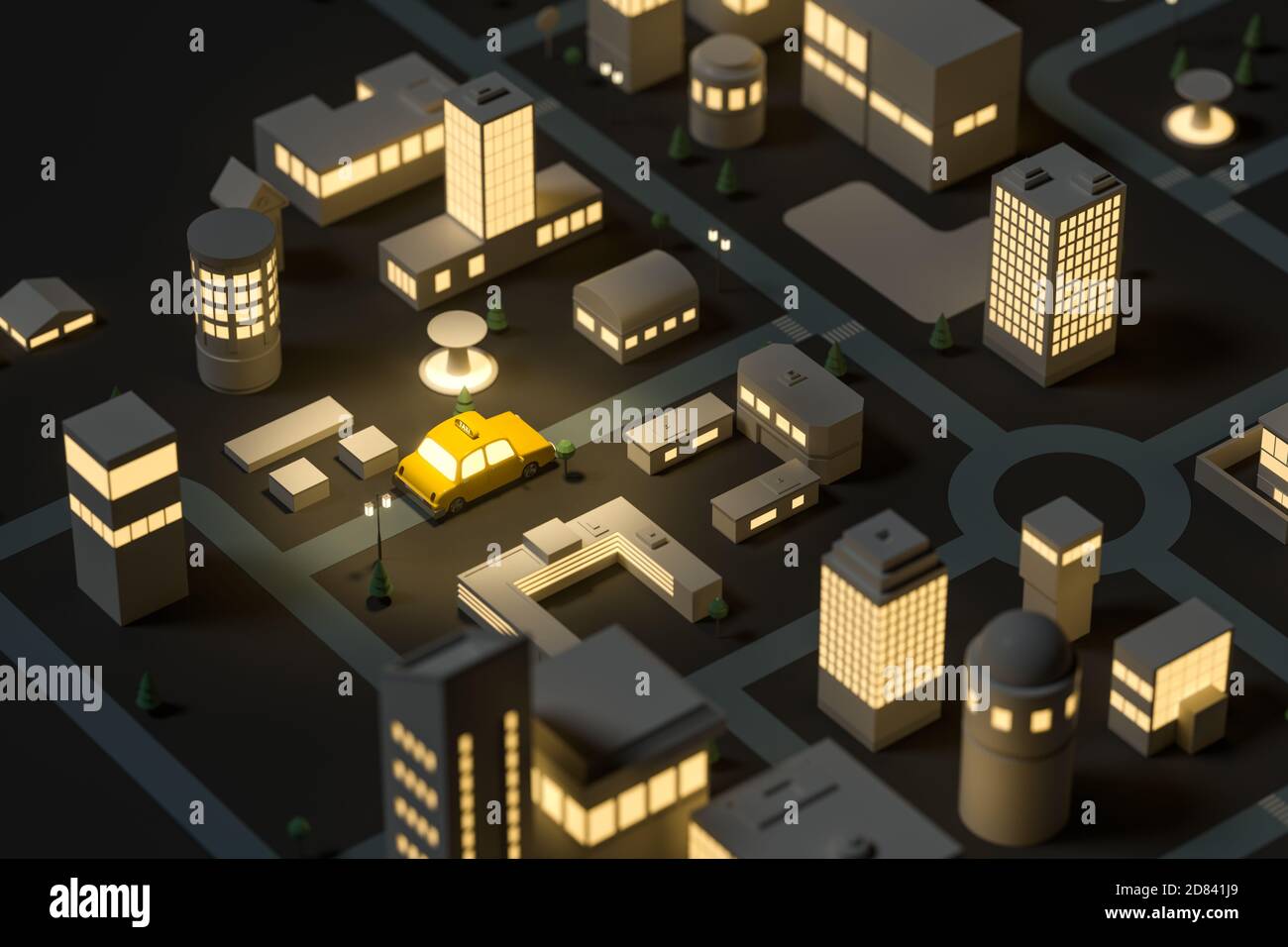Mini-city with glowing lights, a taxi driving on the street, 3d ...