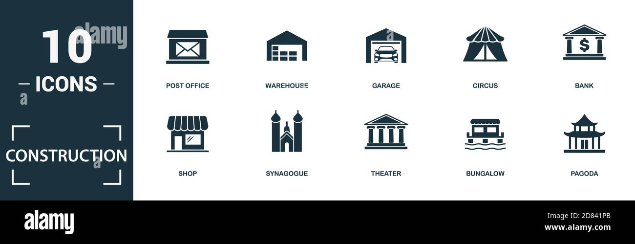 Construction icon set. Monochrome sign collection with municipal ...