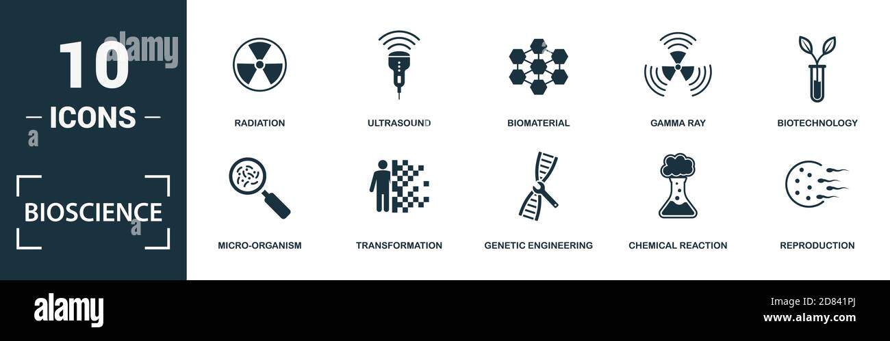 Bioscience icon set. Monochrome sign collection with science ...