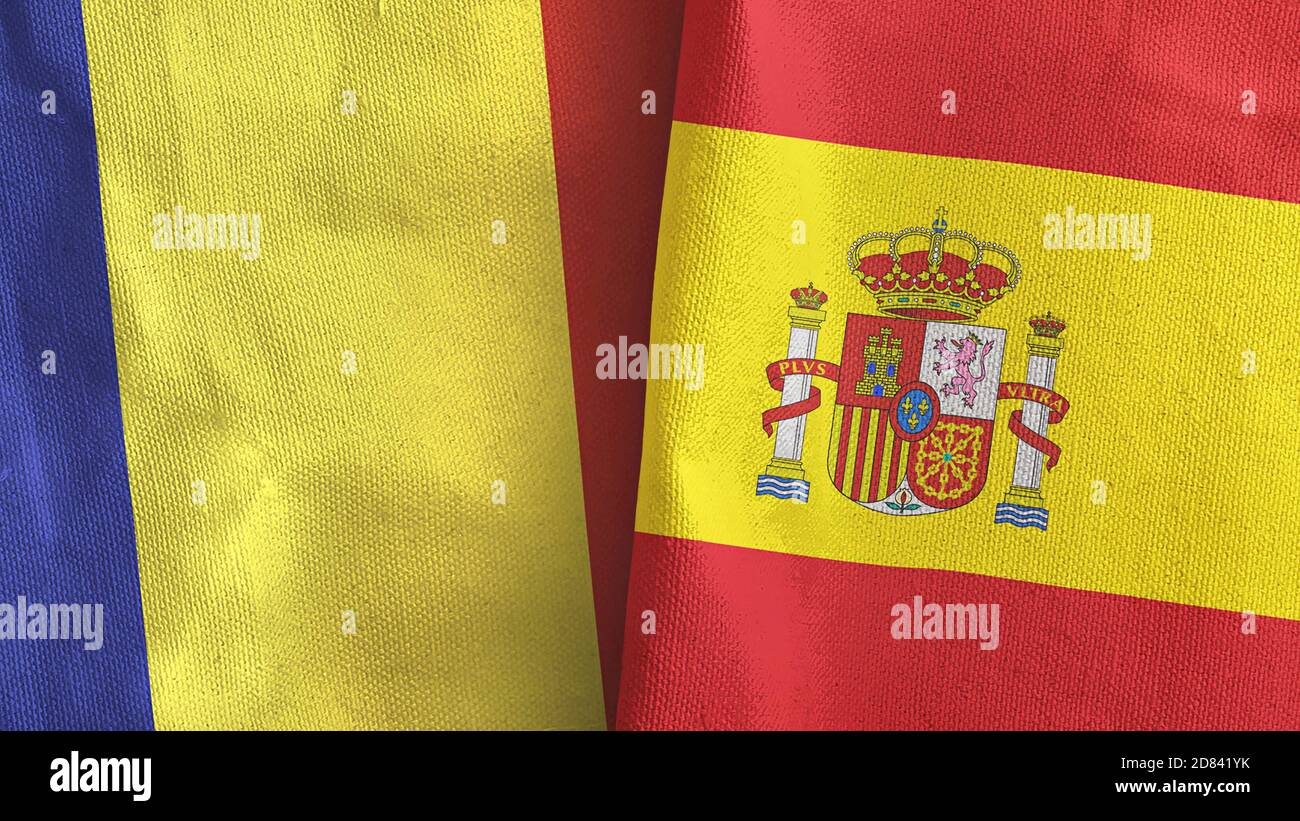 Spain and Romania two flags textile cloth 3D rendering Stock Photo - Alamy