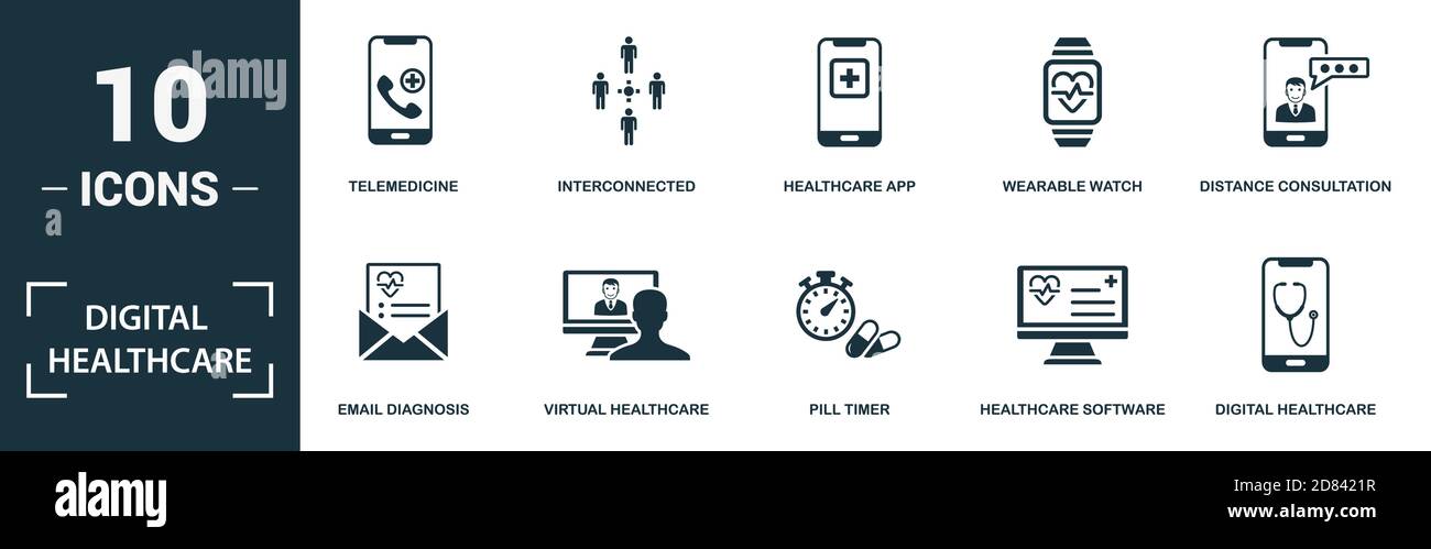 Digital Healthcare icon set. Monochrome sign collection with ...