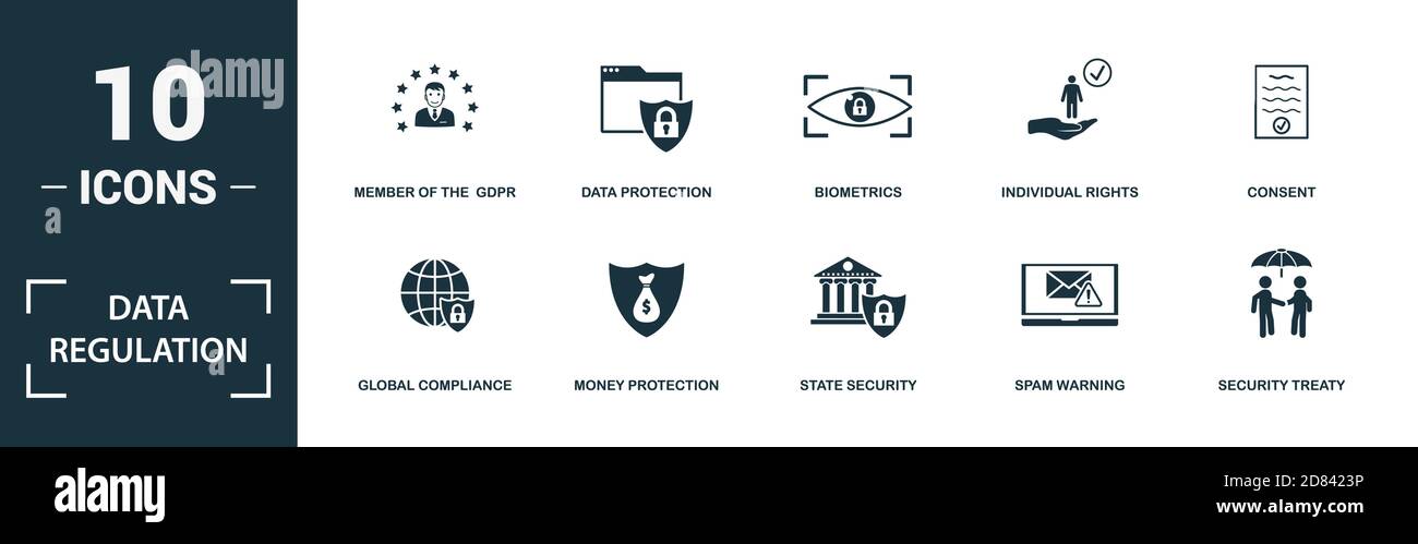 Data Regulation icon set. Monochrome sign collection with social ...