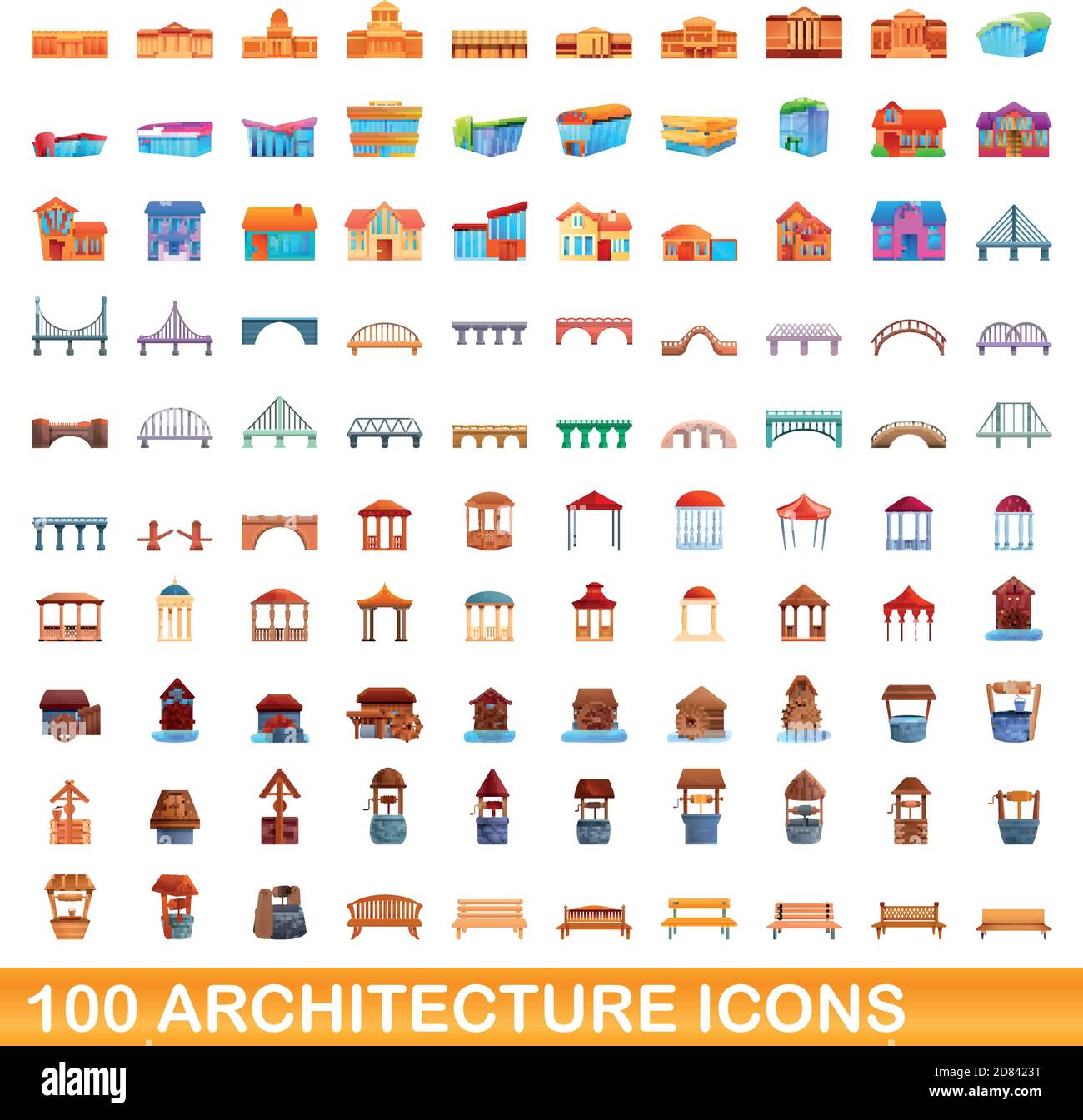 100 architecture icons set. Cartoon illustration of 100 architecture ...