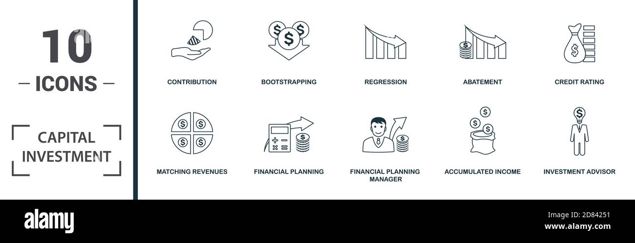 Capital Investment icon set. Monochrome sign collection with matching ...