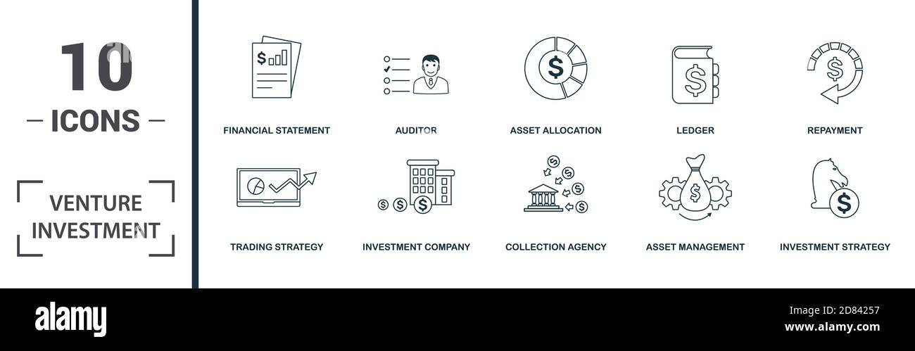 Venture Investment icon set. Monochrome sign collection with ...