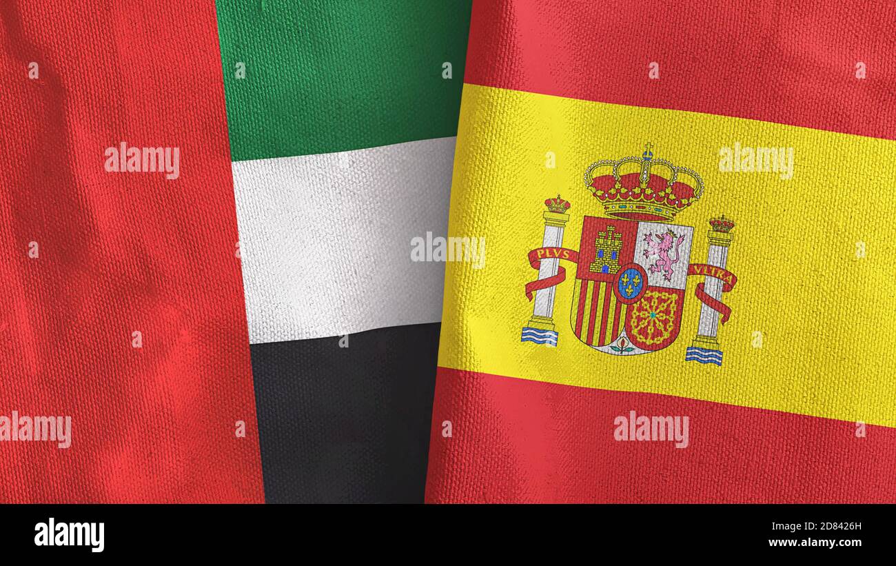 Spain and United Arab Emirates two flags textile cloth 3D rendering ...