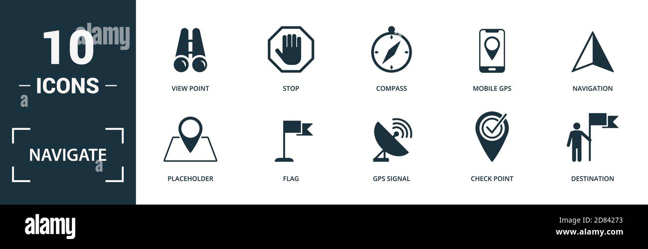 Navigate icon set. Monochrome sign collection with map location ...