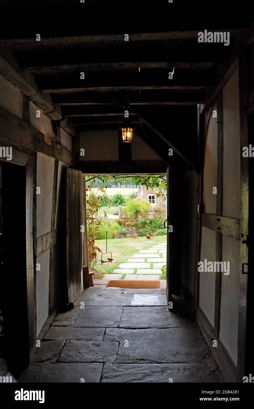 Entrance hall of the timber framed Brockhampton Medieval Manor House ...