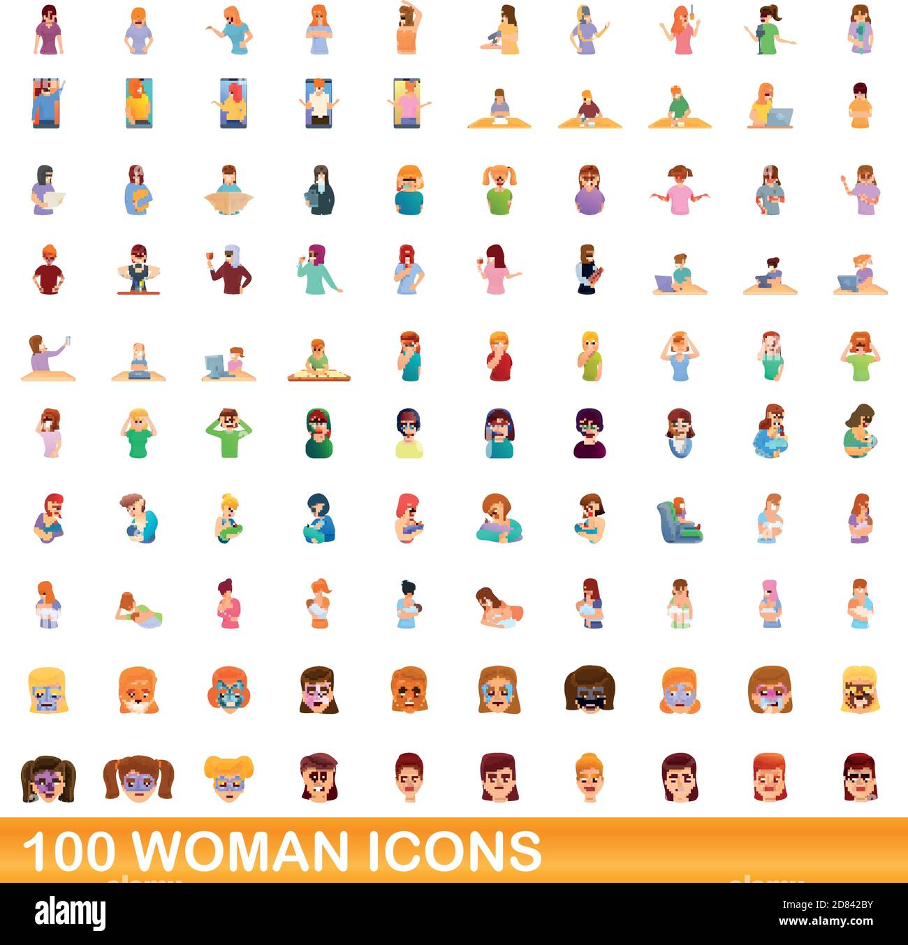 100 woman icons set. Cartoon illustration of 100 woman icons vector set ...