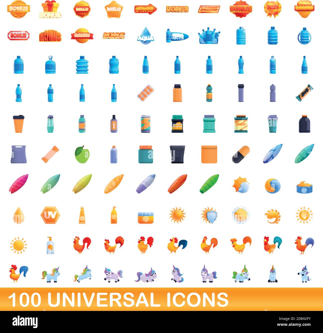 100 universal icons set. Cartoon illustration of 100 universal icons ...