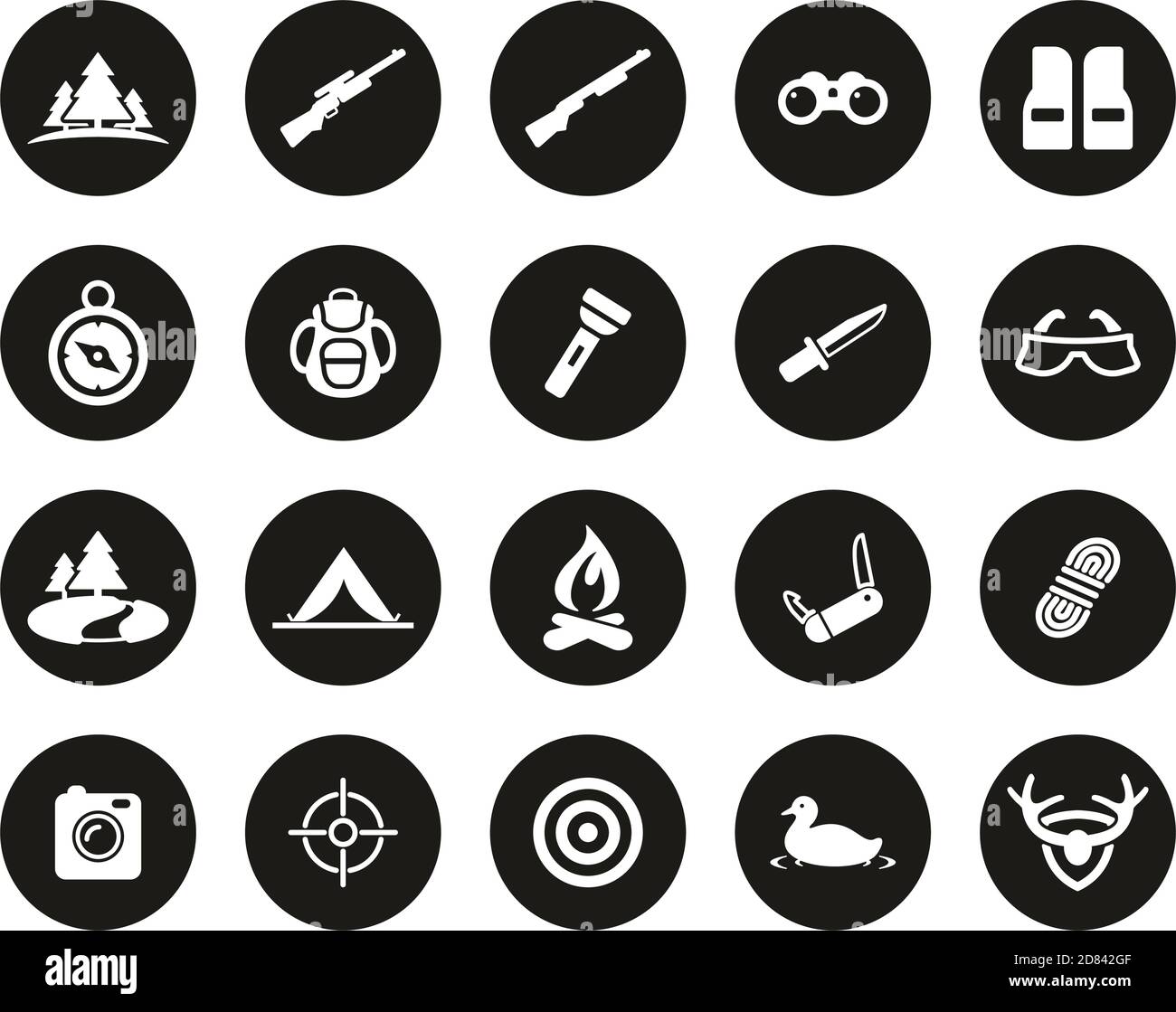 Hunting & Hunting Equipment Icons White On Black Flat Design Circle Set ...