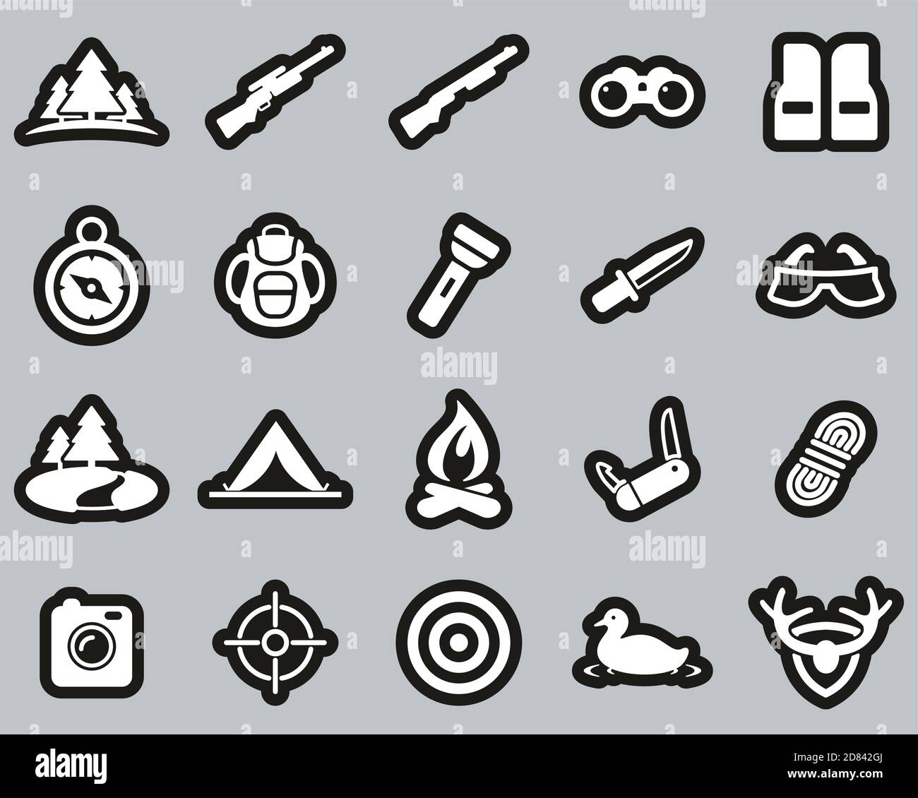 Hunting & Hunting Equipment Icons White On Black Sticker Set Big Stock ...