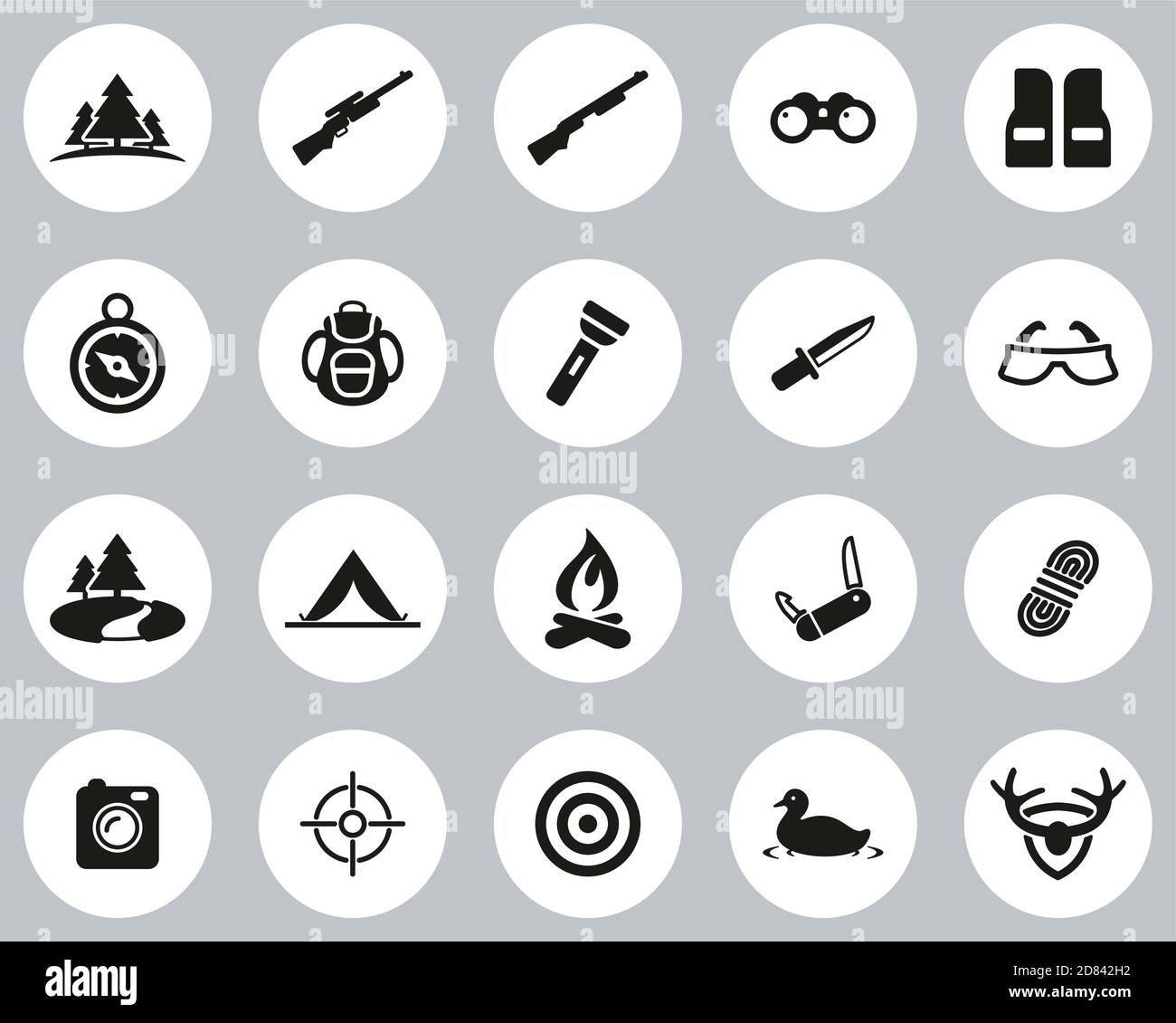 Hunting & Hunting Equipment Icons Black & White Flat Design Circle Set ...