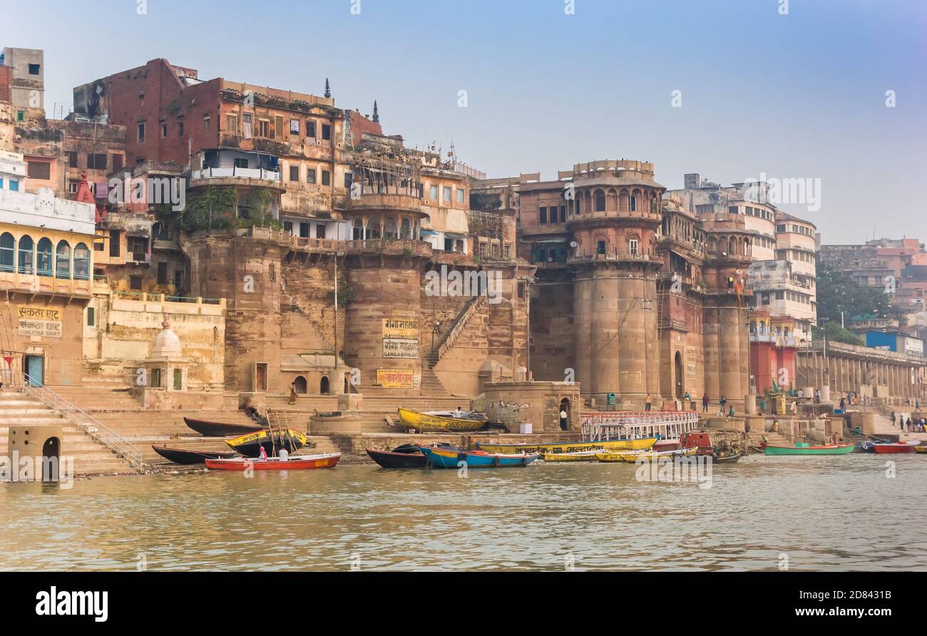 Historic buildings at the Ganga Mahal Ghat of Varanasi, India Stock ...