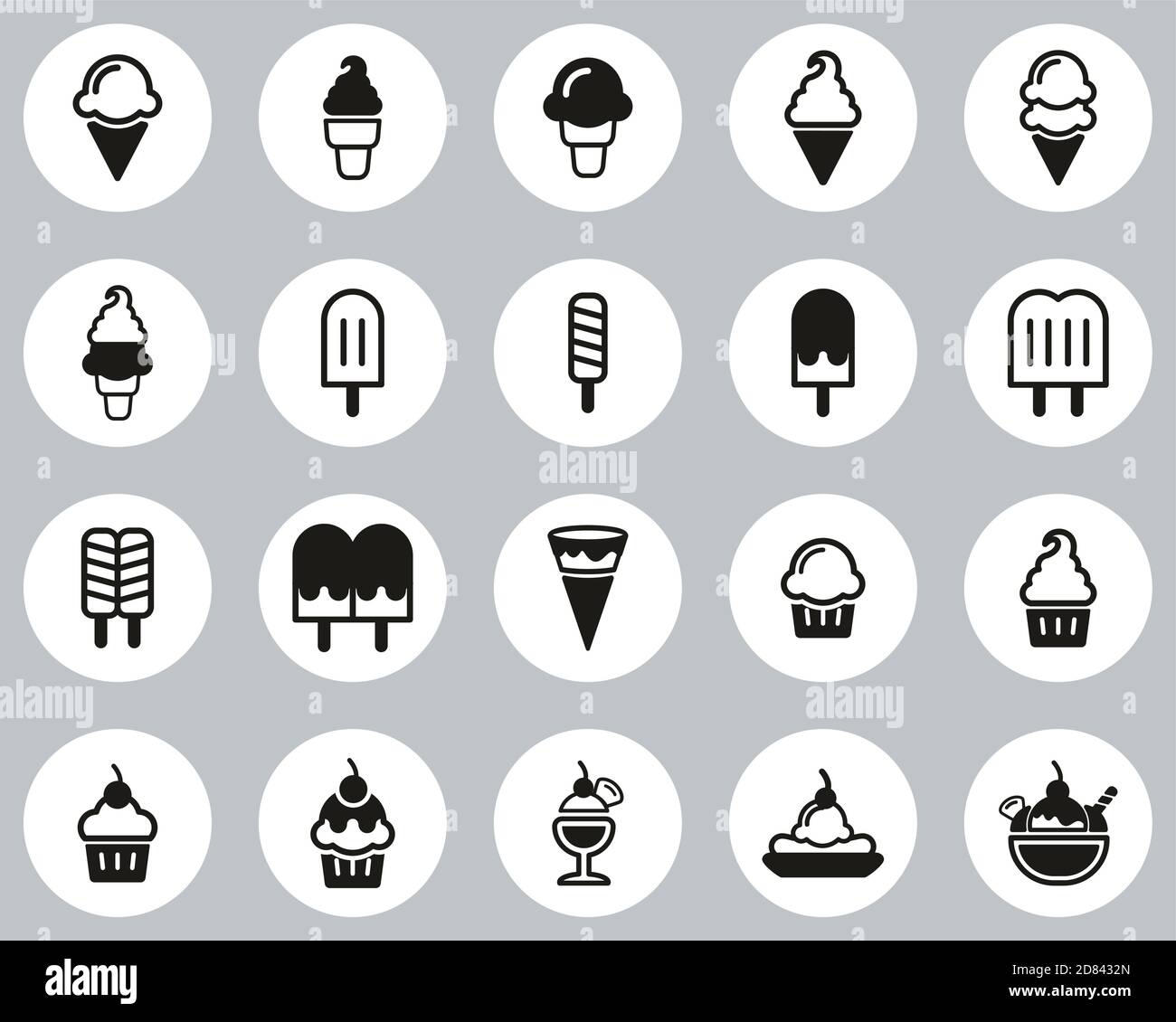Ice Cream Icons Black & White Flat Design Circle Set Big Stock Vector ...