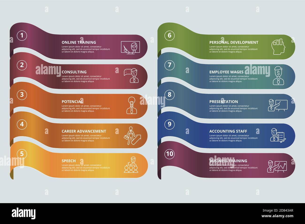 Infographic Business Training template. Icons in different colors ...