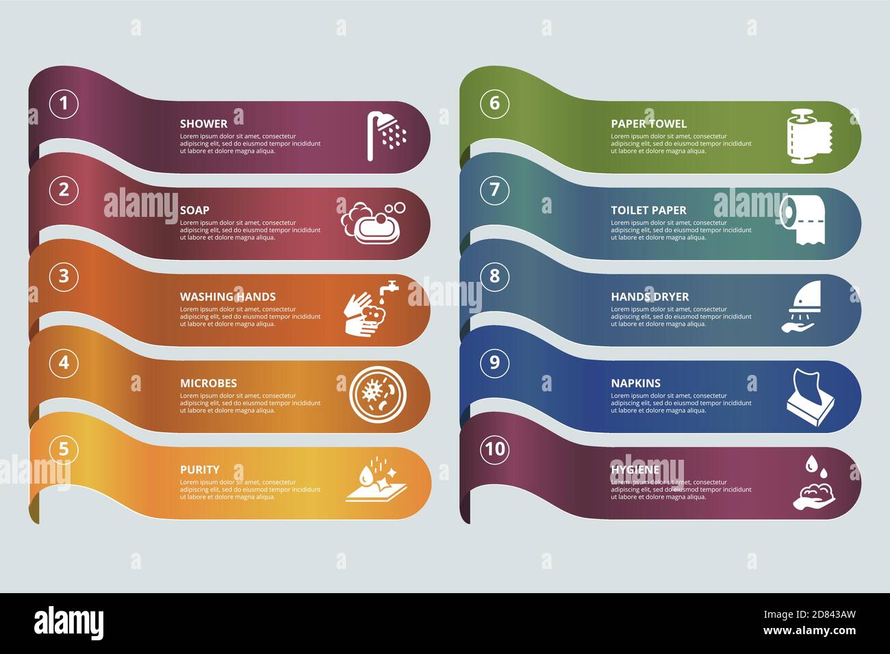 Infographic Hygiene template. Icons in different colors. Include Shower ...