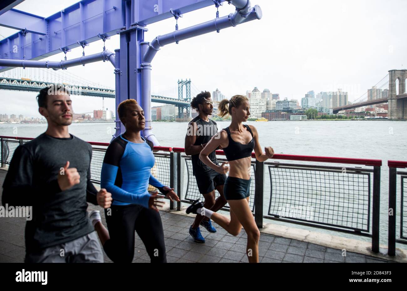 Group of urban runners running on the street in New york city ...