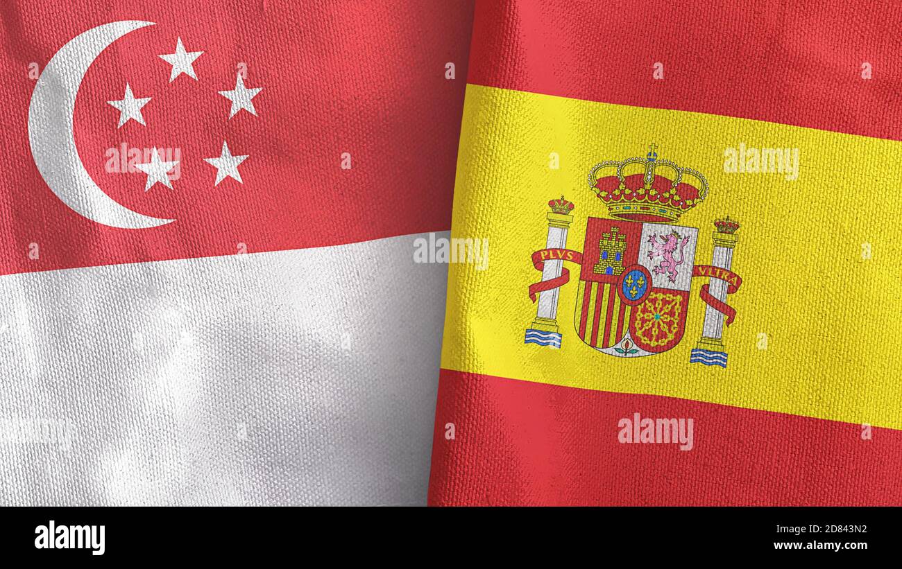 Spain and Singapore two flags textile cloth 3D rendering Stock Photo ...