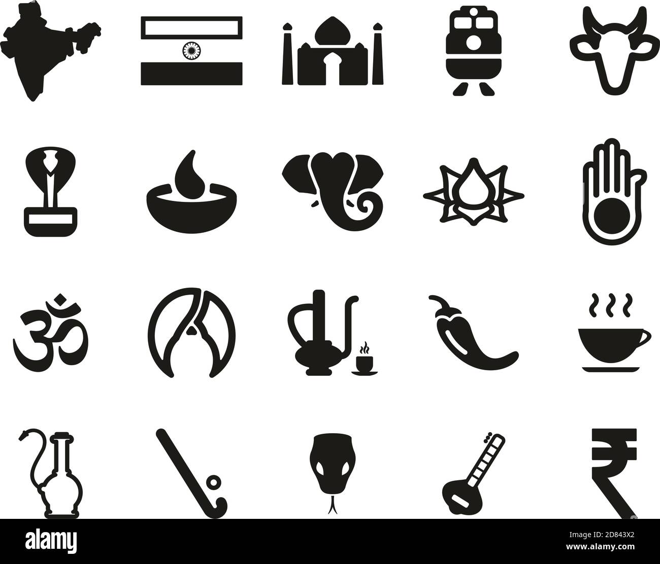 India Country & Culture Icons Black & White Set Big Stock Vector Image ...