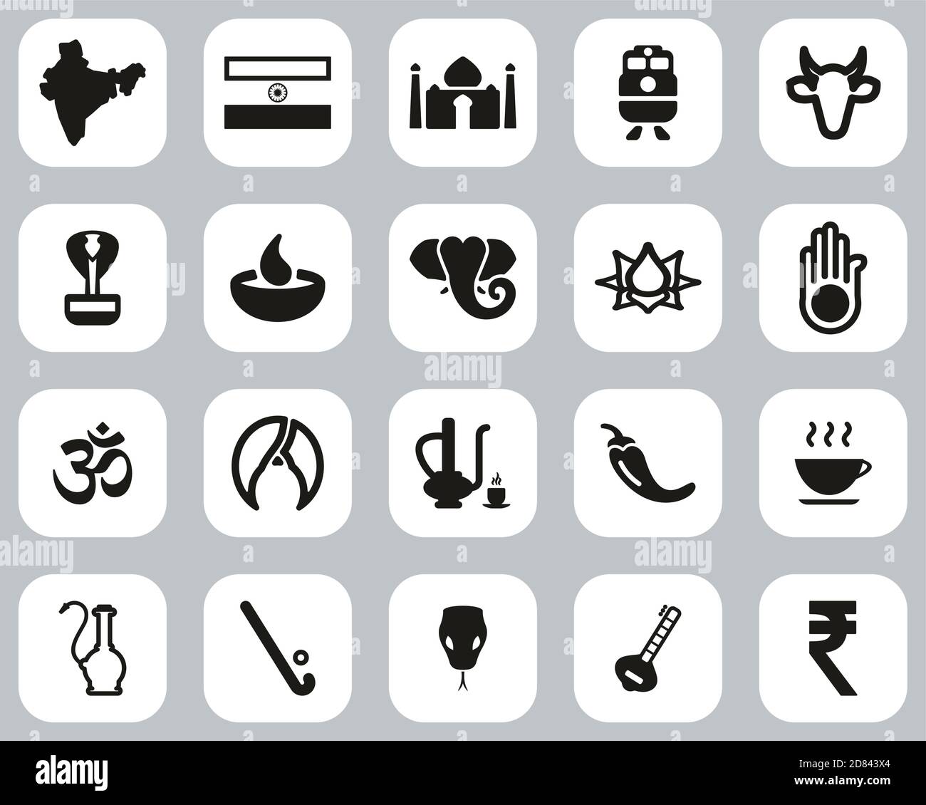 India Country & Culture Icons Black & White Flat Design Set Big Stock ...
