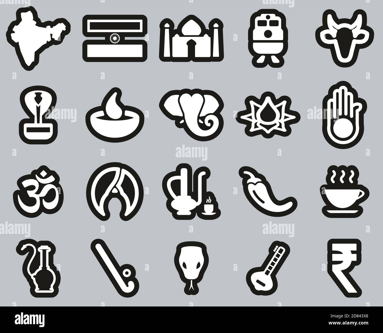 India Country & Culture Icons White On Black Sticker Set Big Stock ...