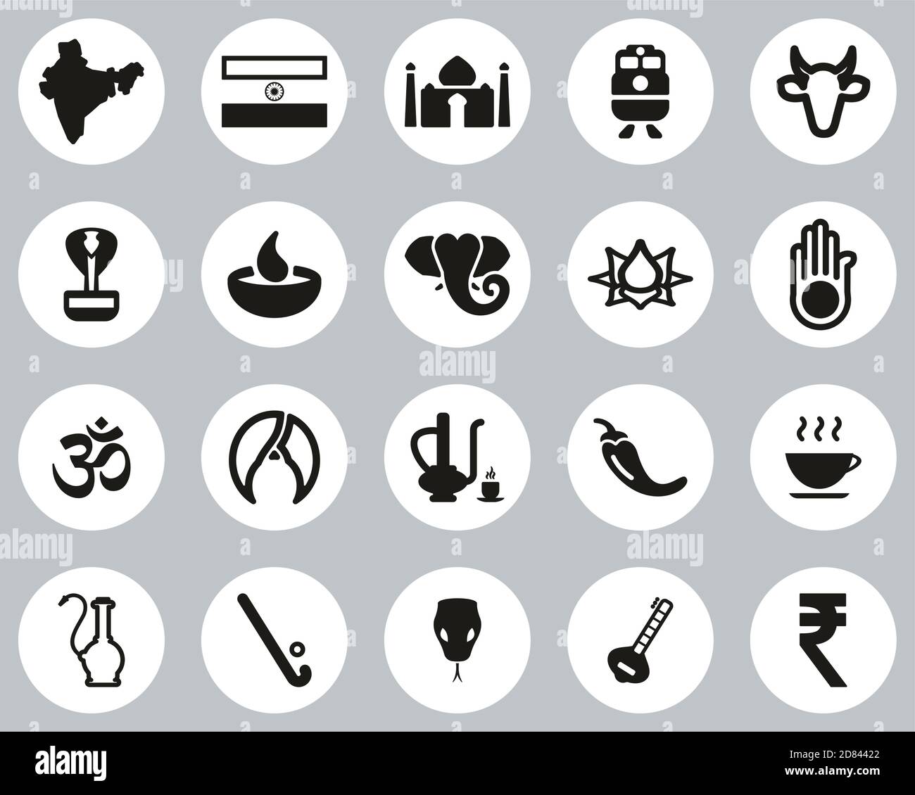 India Country & Culture Icons Black & White Flat Design Circle Set Big ...