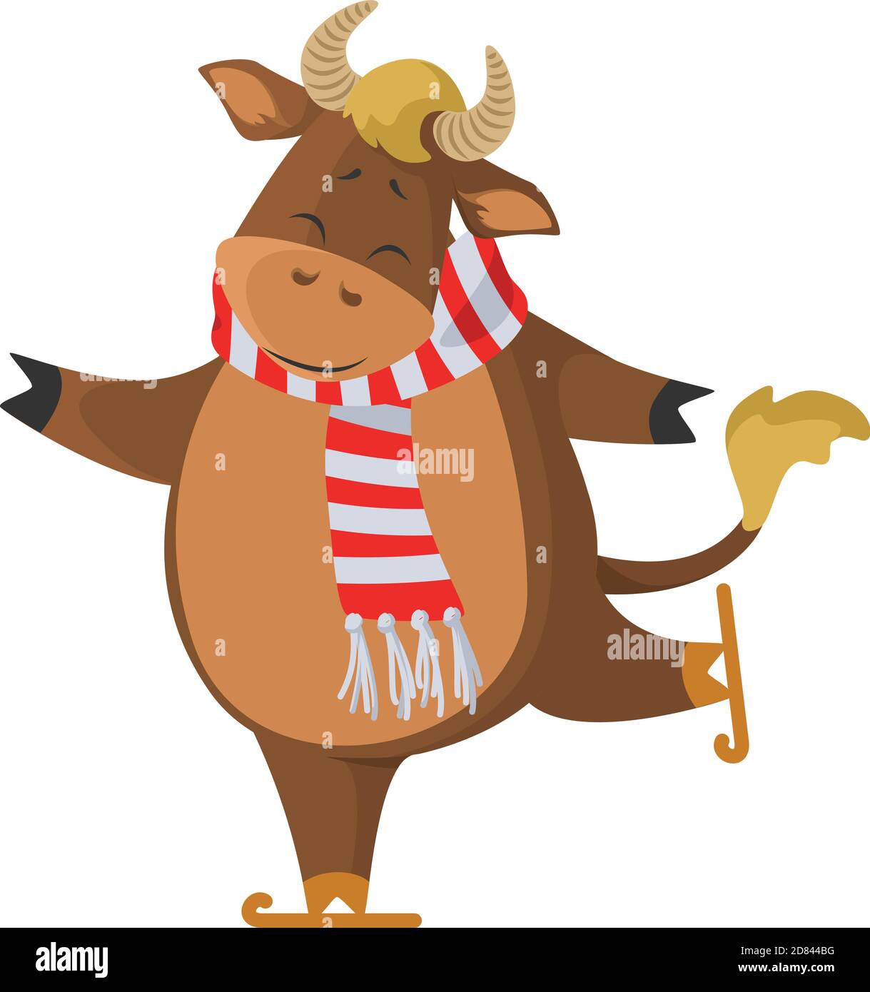 Cute cow ice skating. Cartoon vector illustration. Funny and happy bull ...