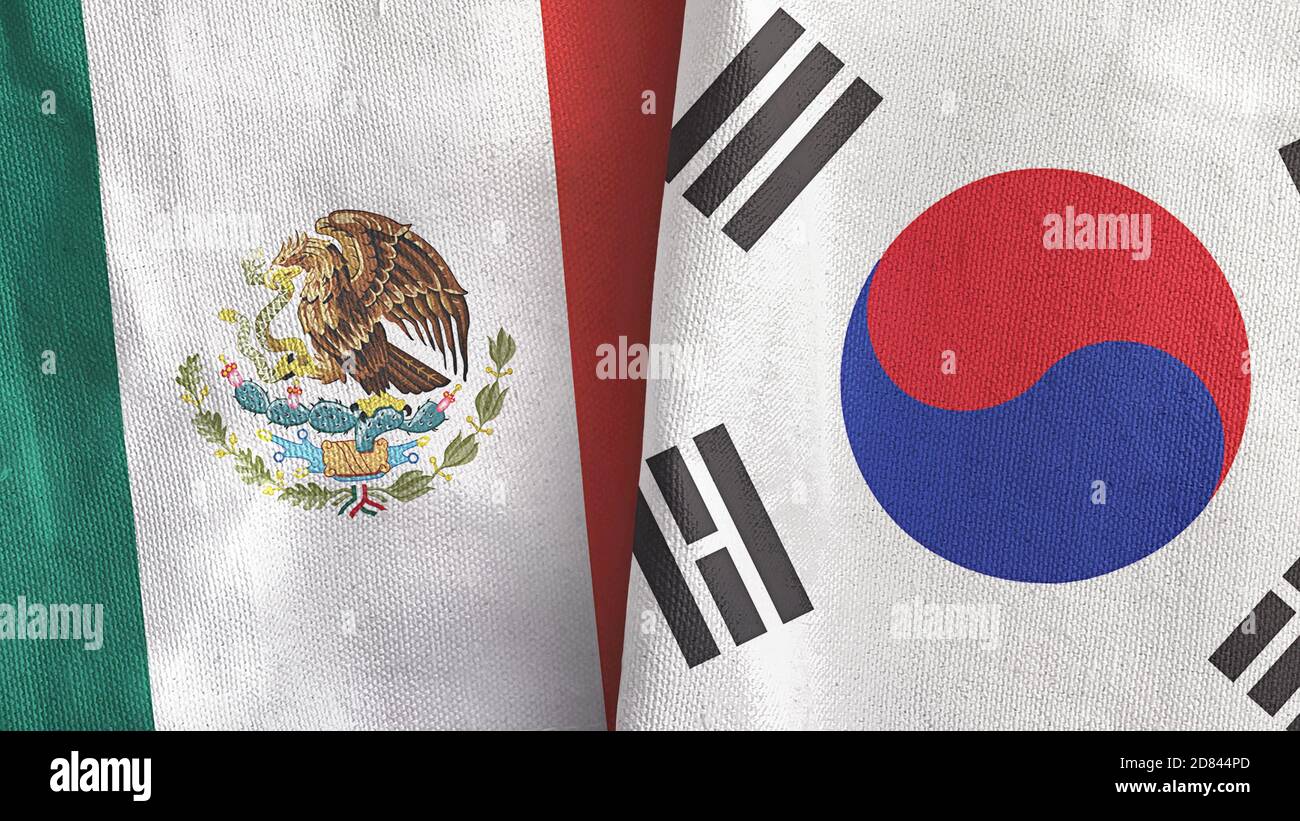 South Korea and Mexico two flags textile cloth 3D rendering Stock Photo ...