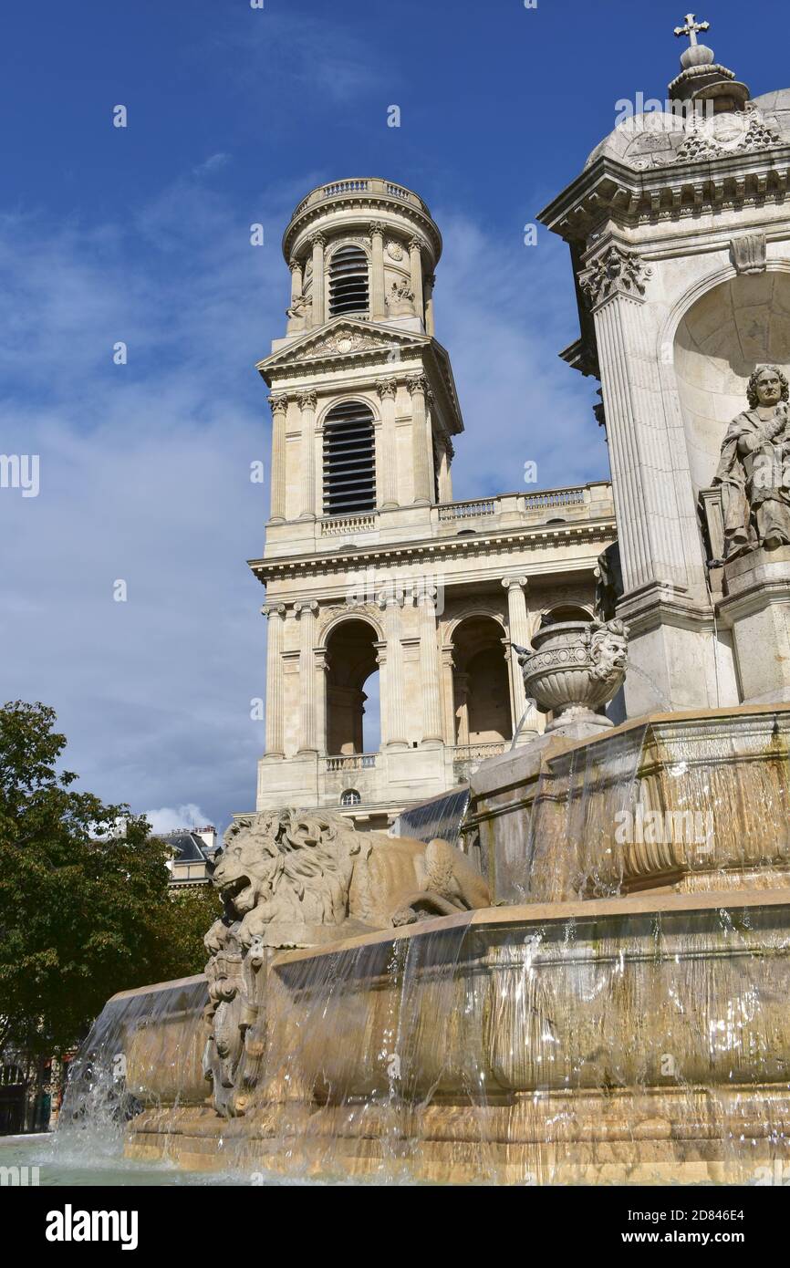 Church Saint-Sulpice de Paris neoclassical facade and tower with ...