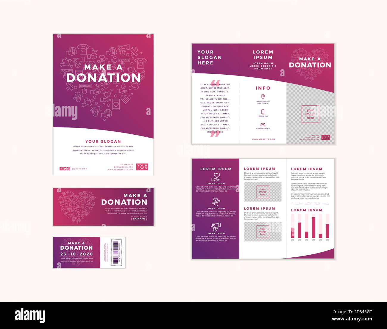 Set of charity and donation templates in one design. Flyer, ticket ...