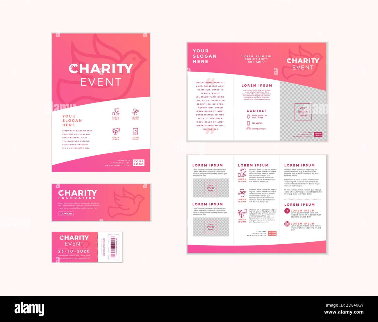 Set of charity and donation templates in one design. Flyer, ticket ...