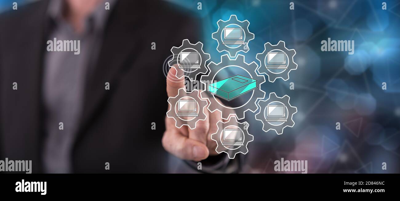 Man touching an e-learning concept on a touch screen with his finger ...