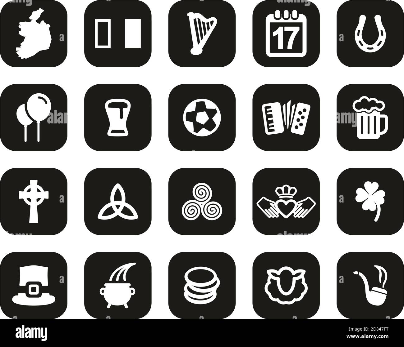 Ireland Country & Culture Icons White On Black Flat Design Set Big ...