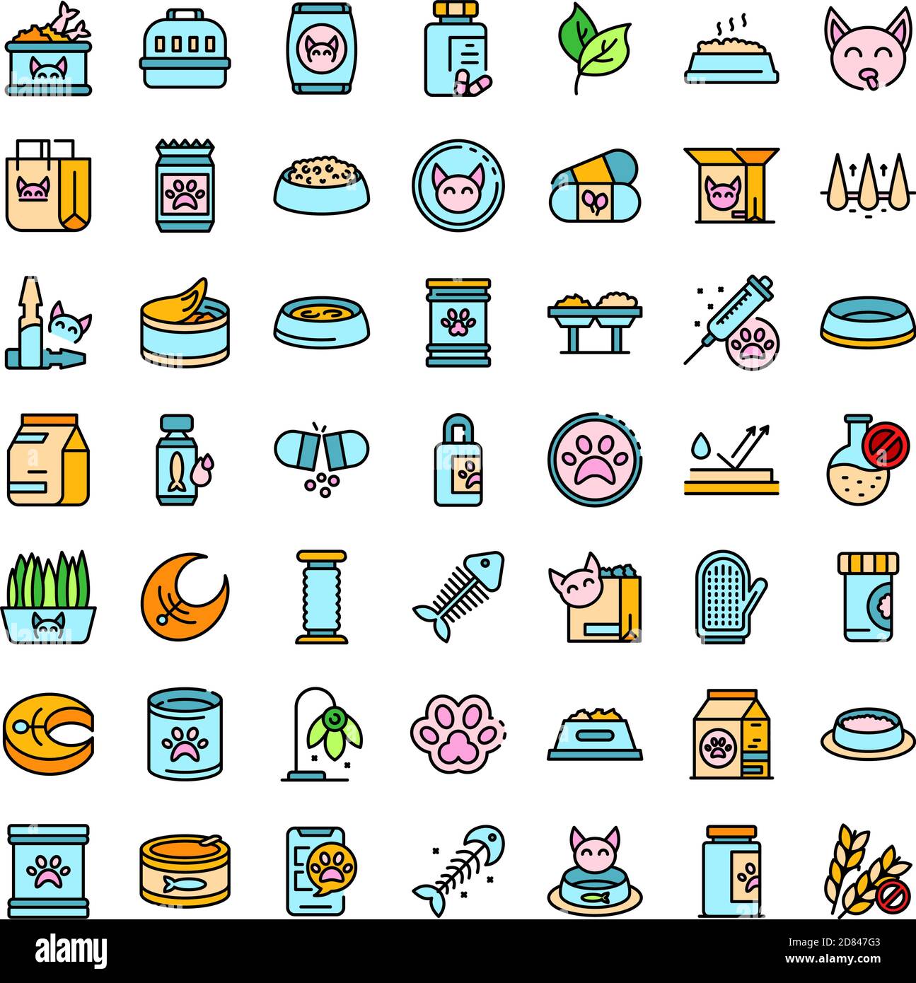 Cat food icons set. Outline set of cat food vector icons thin line ...